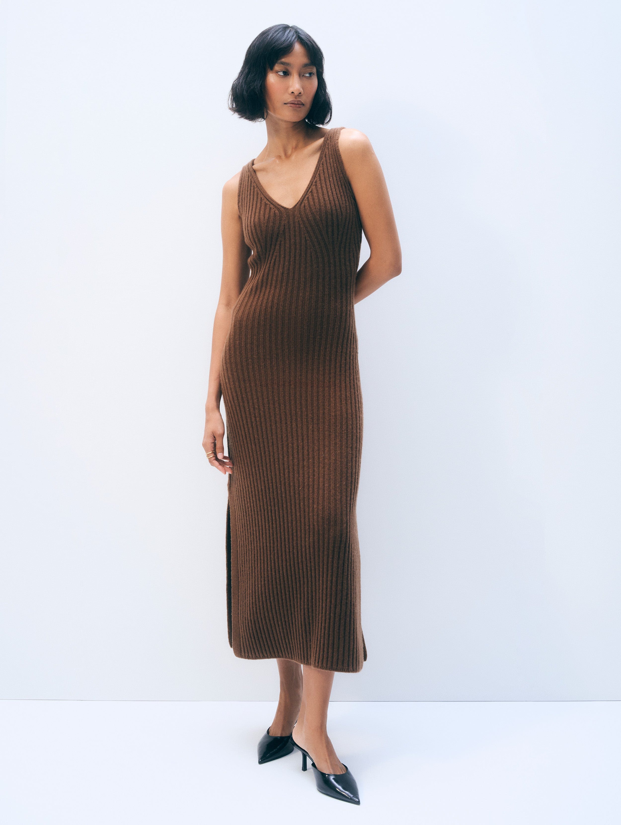 Cashmere Blend Ribbed Midi Dress | Umber